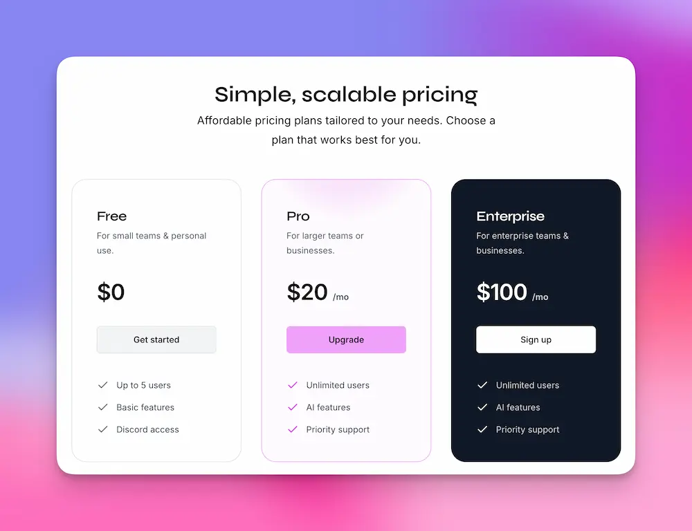 Landing Page Pricing Plan | PageAI - the best AI website builder for professionals